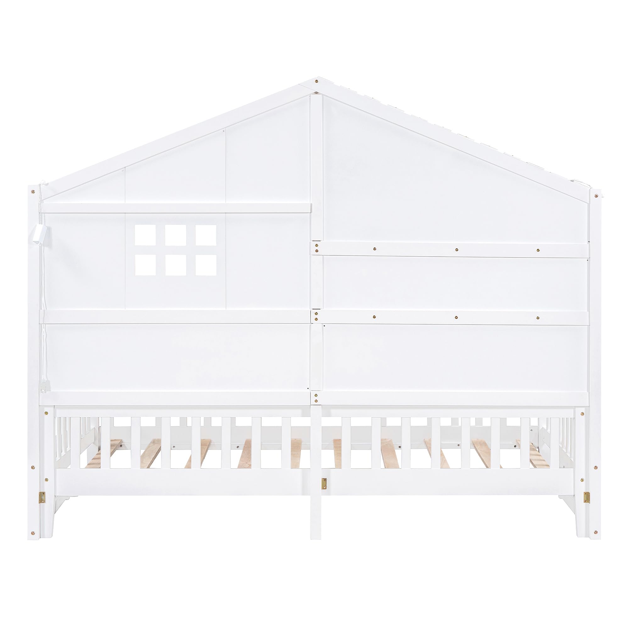 SOFTSEA Twin Size House Bed for Kids, Low Loft Bed with Storage Shelves, Wood Bed Frame with Window and Sparkling Light Stripe on The Roof, Kids Twin Bed Frame, No Box Spring Needed, White