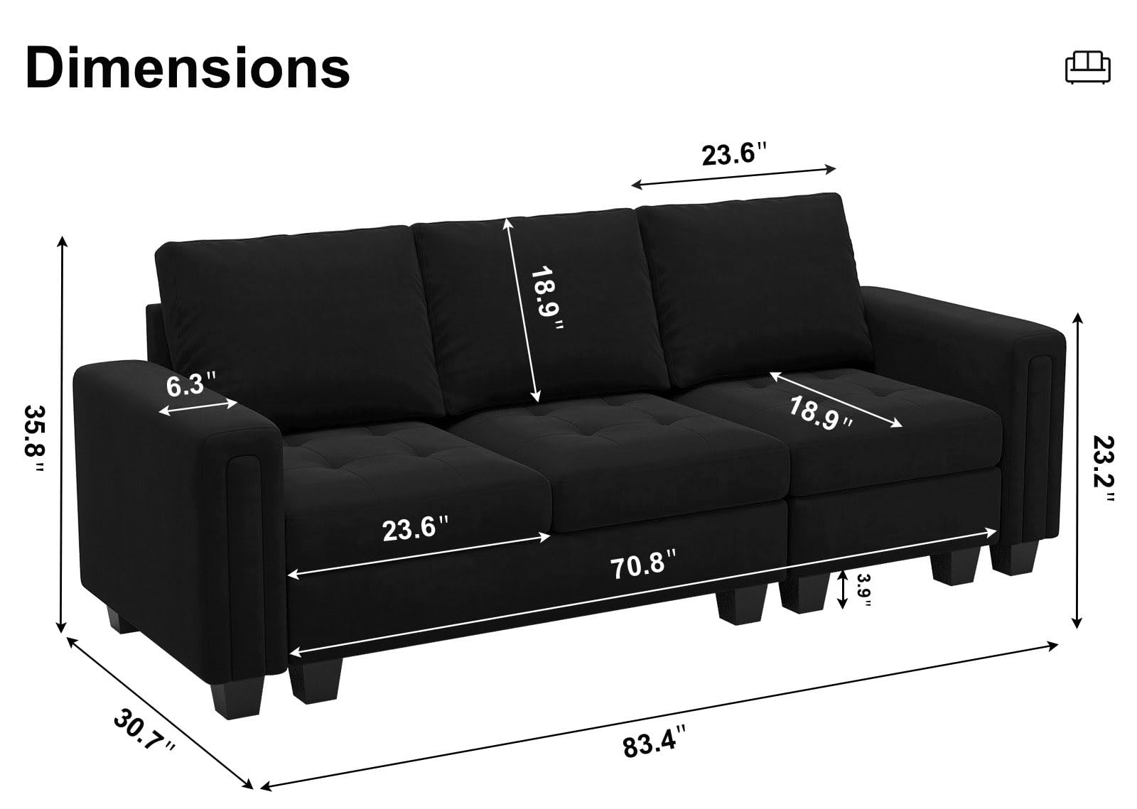 Belffin Velvet Modular Sofa Couch 3 Seater Sofa Couch for Living Room Black