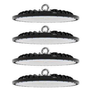 sumkea 4 pack 200w ufo led high bay light, high bay led shop light fixture 3000-6500k, 28,000lm, with 5' cable us plug, safe rope, commercial bay lighting for barn factory warehouse church - black