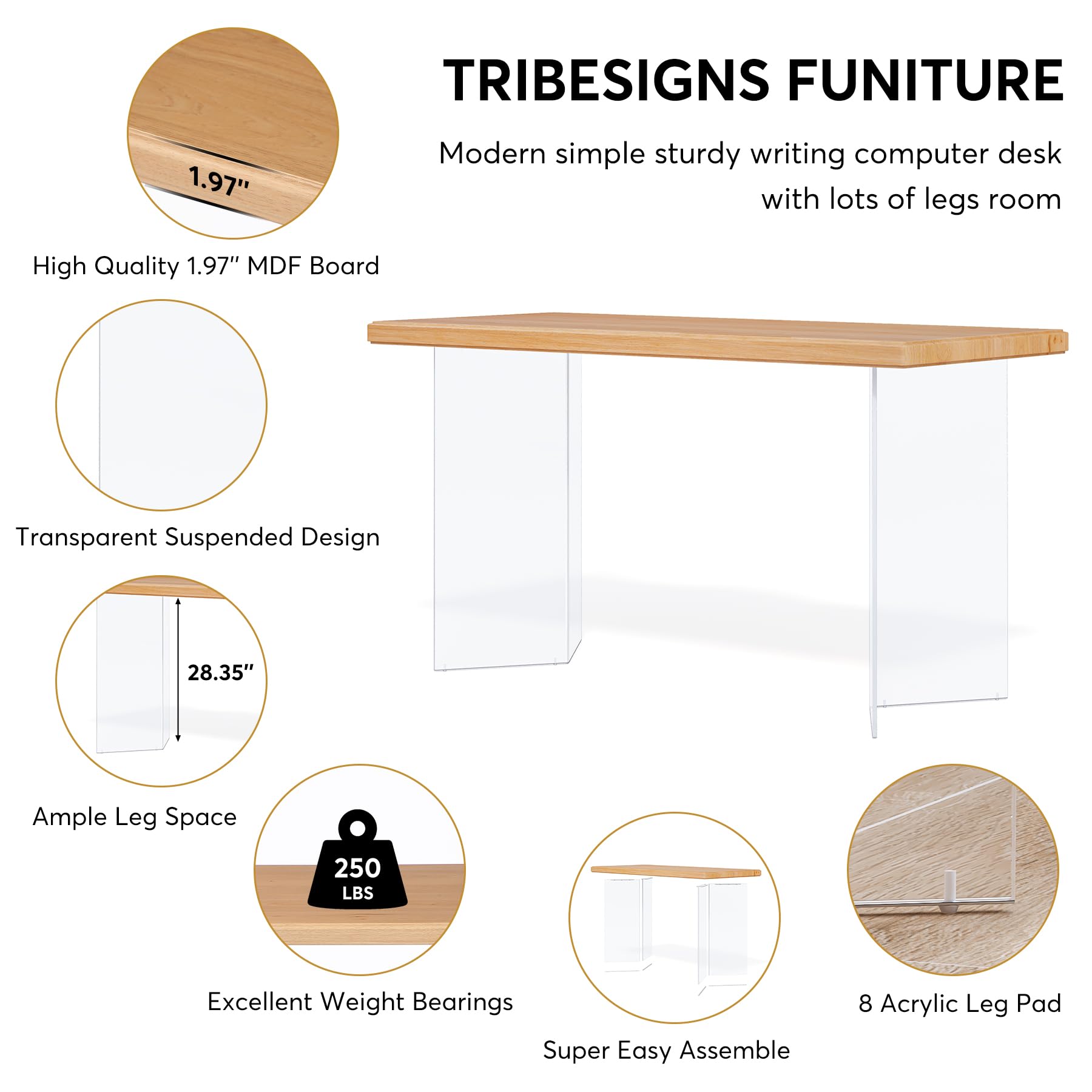 Tribesigns Computer Desk, Modern Home Office Desks, 55 Inch Sturdy Wood Laptop Writing Table, Suspended Island Table with Acrylic Legs, Industrial Simple Study Table Home Office, Natural