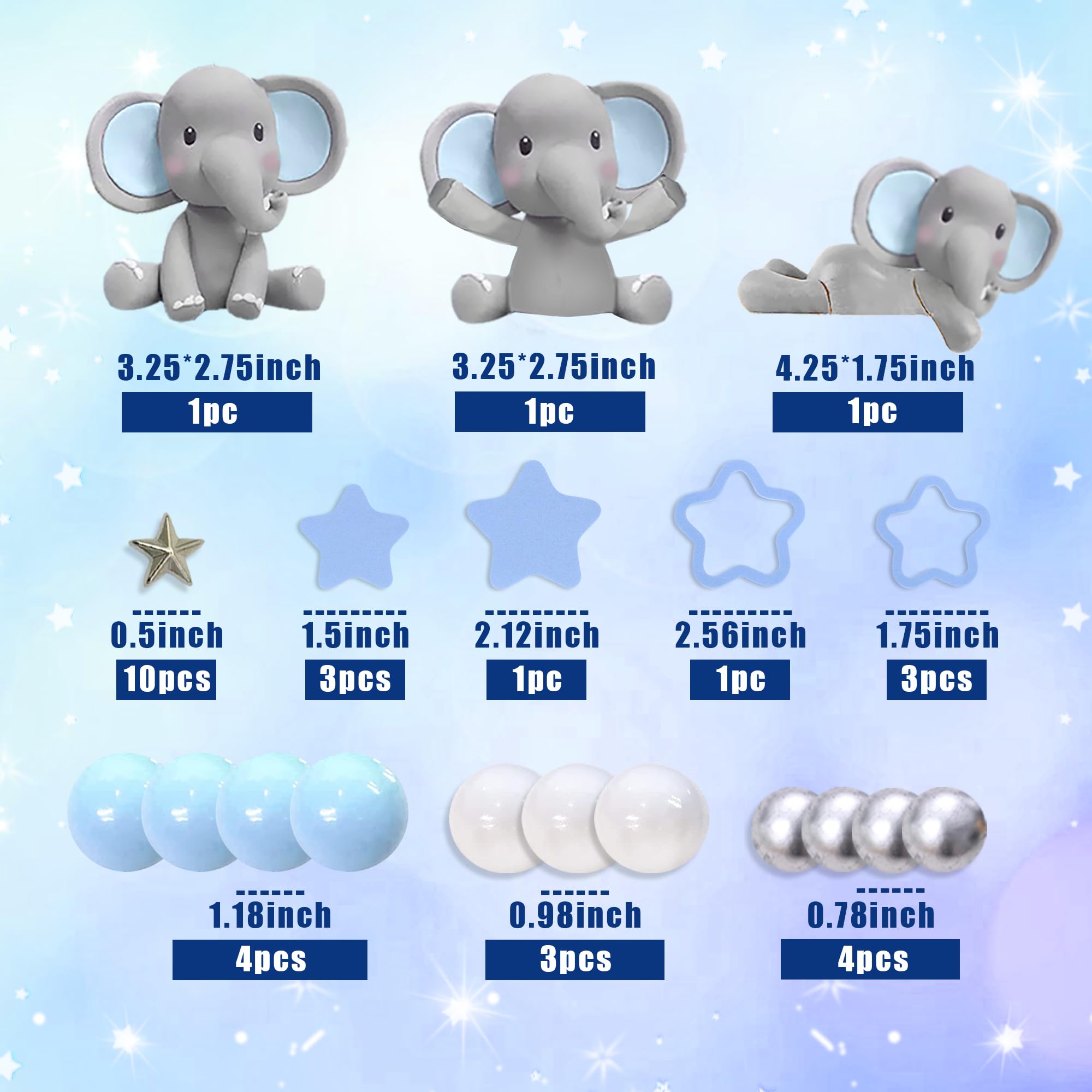 32 Pcs Elephant Cake Decoration with Mini Elephant Blue White Pearl Balls for Baby Shower Boy Elephant Theme Birthday Party Supplies (BLUE)