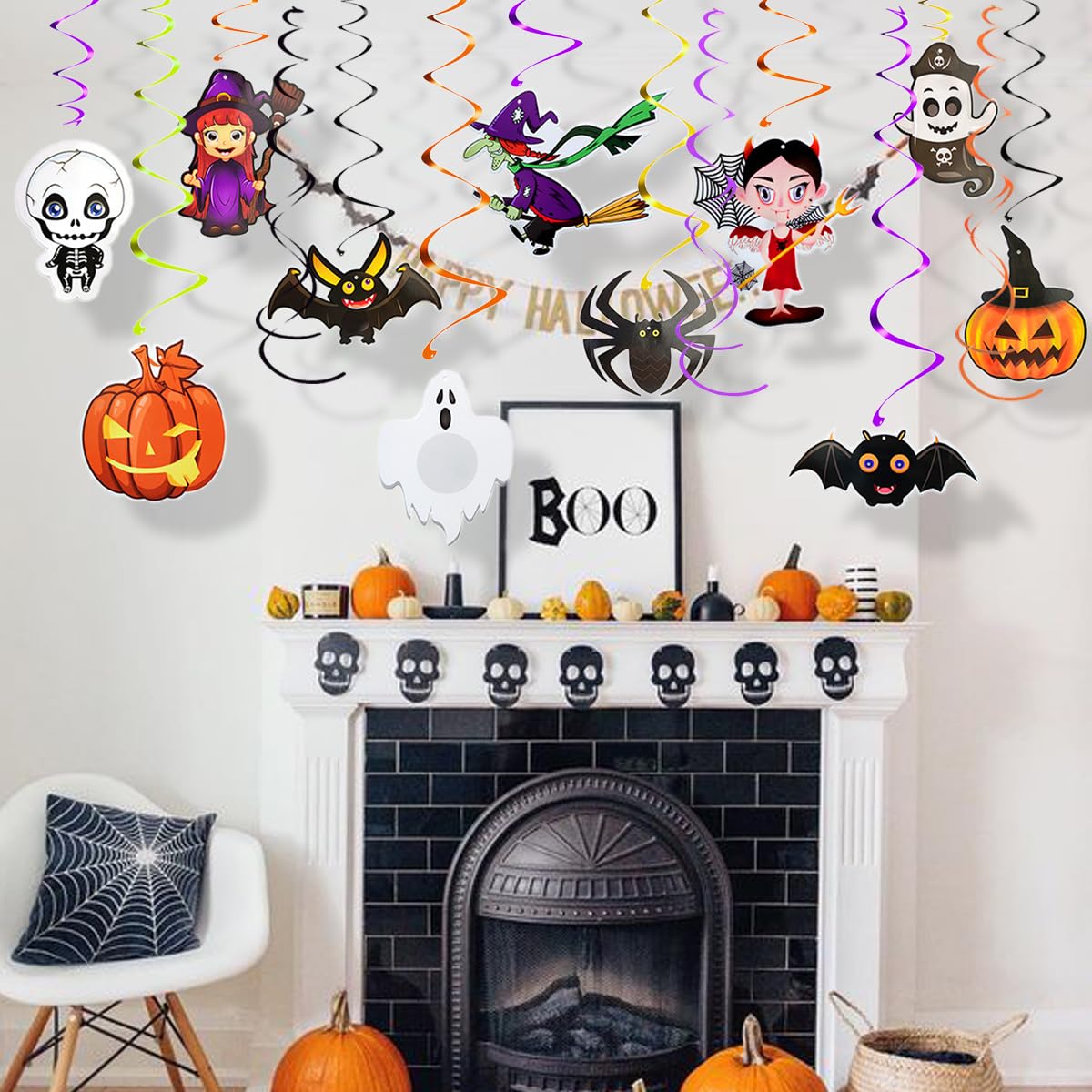 Halloween Decorations, 30 Pcs Hanging Swirl Party Supplies Decorations, Ceiling Spirals Halloween Streamers with Ghost Pumpkin Witch Skull Spider Bat for Home Indoor Outdoor Classroom Office