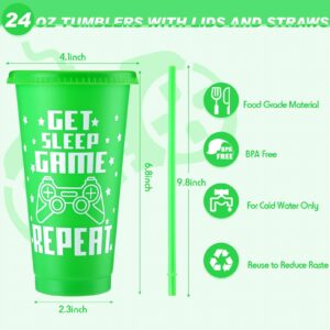 Mifoci Gaming Party Favor Video Game Plastic Reusable Cute Cups with Lids and Straws Gamer Tumbler Iced Coffee Travel Mug Water Bottle for Adult Kid Game Birthday Party Supplies(24 Pcs)