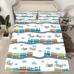 colorful train bedding set twin size cartoon car fitted sheet 2pcs blue train tracks cloud bed sheet for kids boys girls teens room decor transportation vehicles deep pocket sheet,1 pillowcase