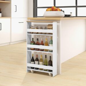 IFANNY Slim Storage Cart, 4-Tier Rolling Cart with Handle, Laundry Cart Between Washer and Dryer, Wood Spice Rack Next to Fridge, Narrow Shelving Unit for Kitchen, Bathroom, Small Spaces