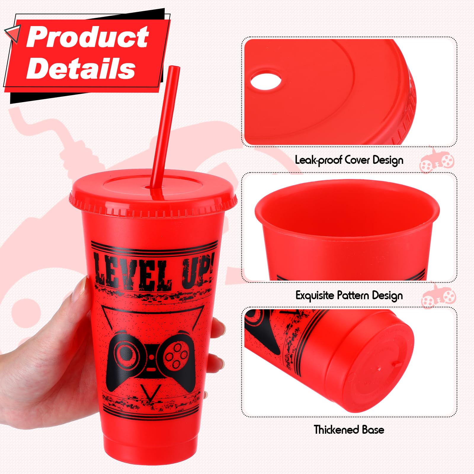 Mifoci Gaming Party Favor Video Game Plastic Reusable Cute Cups with Lids and Straws Gamer Tumbler Iced Coffee Travel Mug Water Bottle for Adult Kid Game Birthday Party Supplies(24 Pcs)