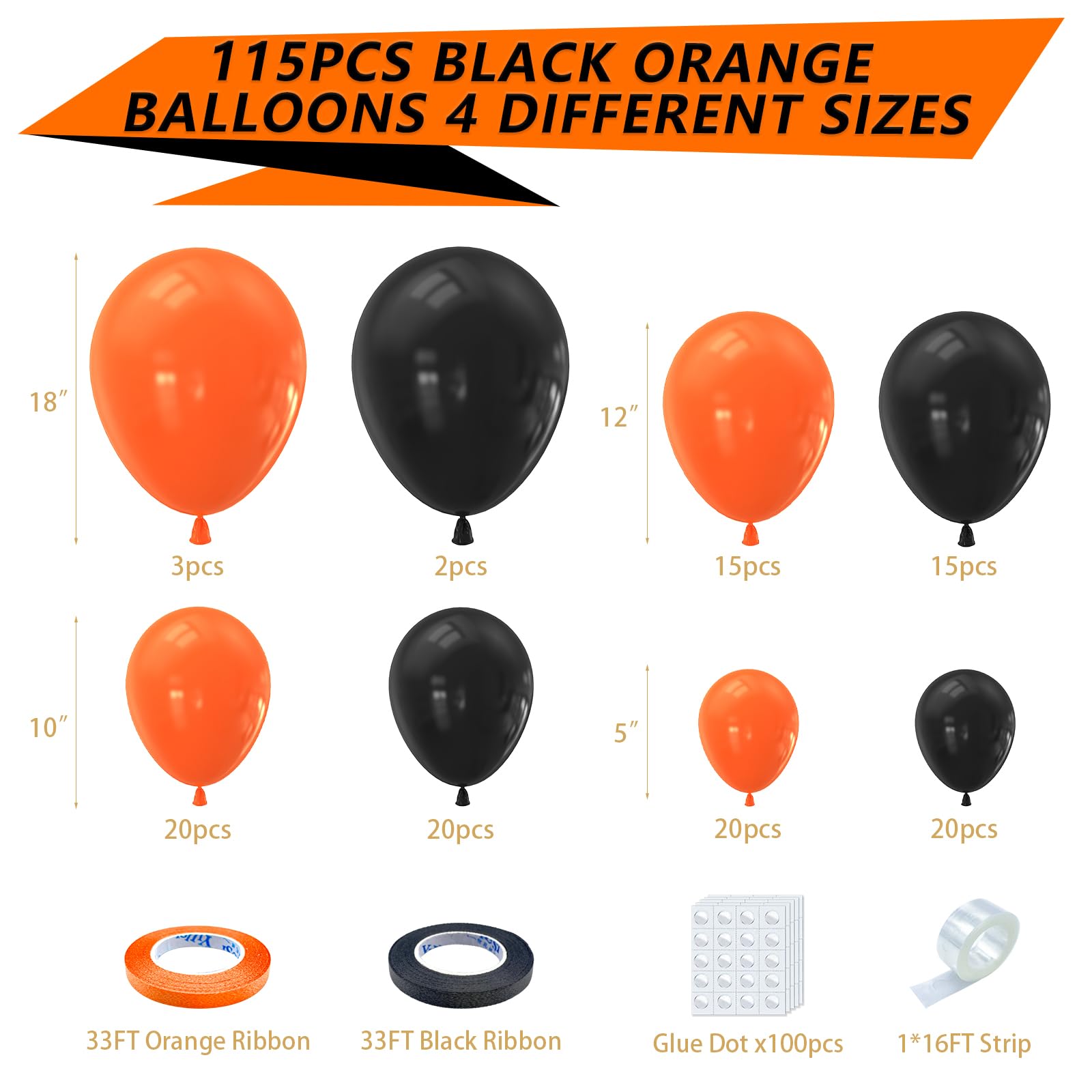 YAOWKY Black Orange Balloon Garland Arch kit,115Pcs 18 12 10 5 Inch Matte Black Orange Latex Balloons for Halloween Celebration Trick or Treat Party Spooky Ghost Party Bar Anniversary Decoration