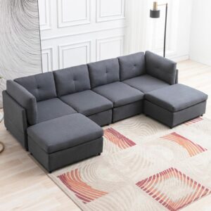 fretsae modular sectional sofa, convertible u shaped sofa couch with removable ottomans, button tufted design, 6 seats modular sectional couch for living room, dark grey