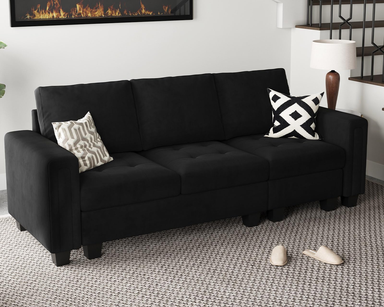 Belffin Velvet Modular Sofa Couch 3 Seater Sofa Couch for Living Room Black