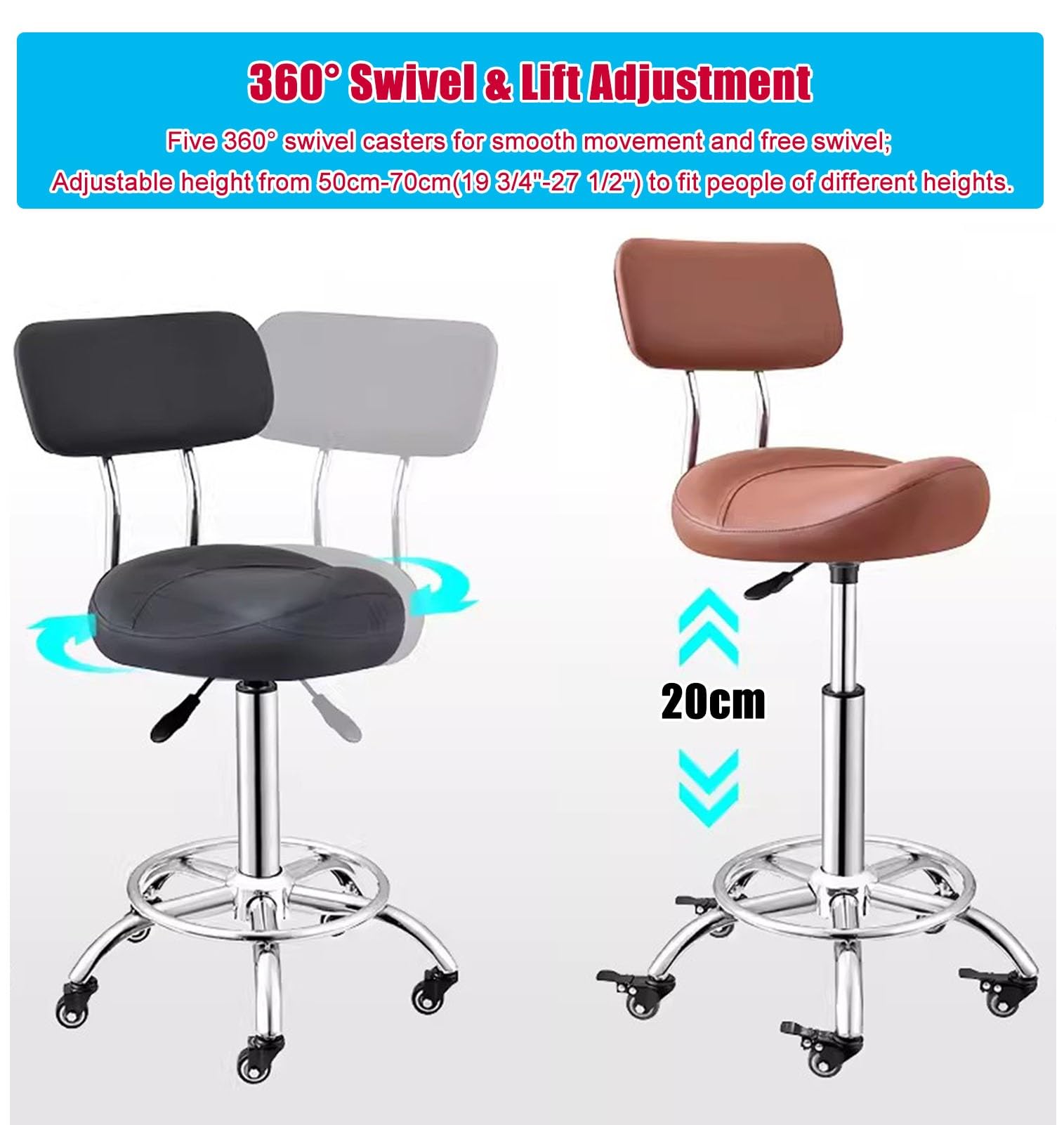 NUNETH Saddle Stool Kitchen Saddle Chair with Footrest Back Support, Ergonomic Office Chair Saddle Salon Chair for Clinical Dentist Clinic, 50-70 Cm (Color : White)