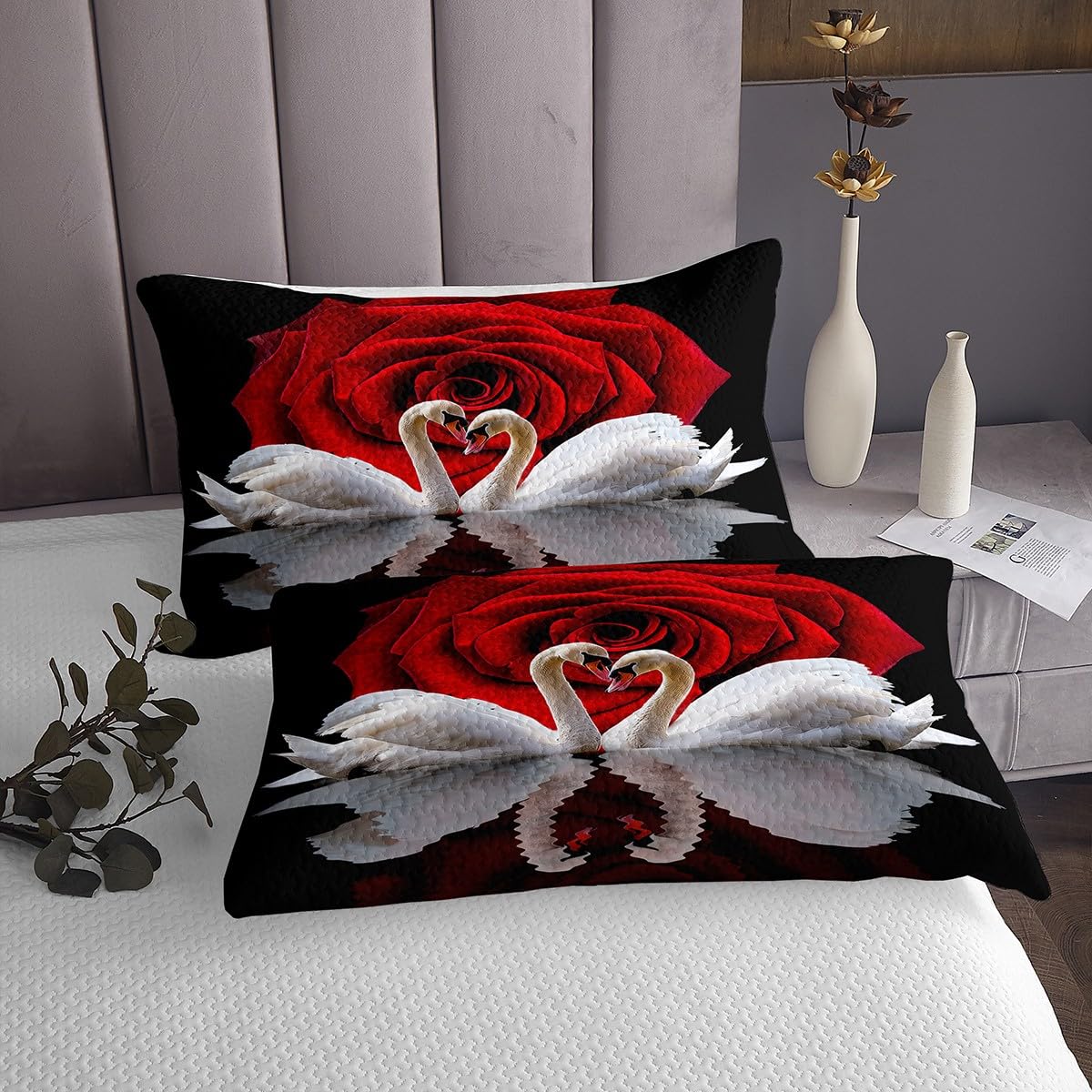 Erosebridal Red Rose Bedspread Set Black and White Swan Quilted Queen Bed Set,Birds Coverlet Set Romantic Flower Quilt Set Wild Animals Bedroom Decor for Girls Woman Lady Wedding Decorations