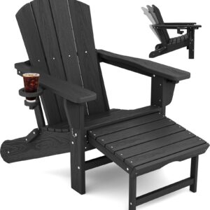 KINGYES Chair with Cup Holder, Wood-Like Reclining Versatile Adirondack Chair, Black