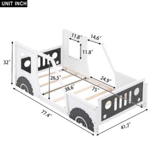 Merax Twin Size Classic Car-Shaped Platform Bed with Wheels, Wood Car Bed Frame for Boys, White