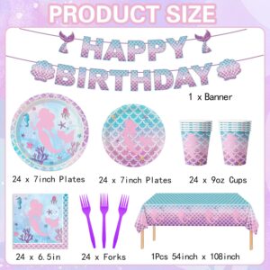 122Pcs Mermaid Birthday Party Supplies Mermaid Party Decorations Set Includes Plates, Napkins, Forks, Cups, Tablecloth, Banner for Girls Baby Shower Ocean Party Supplies, Serves 24