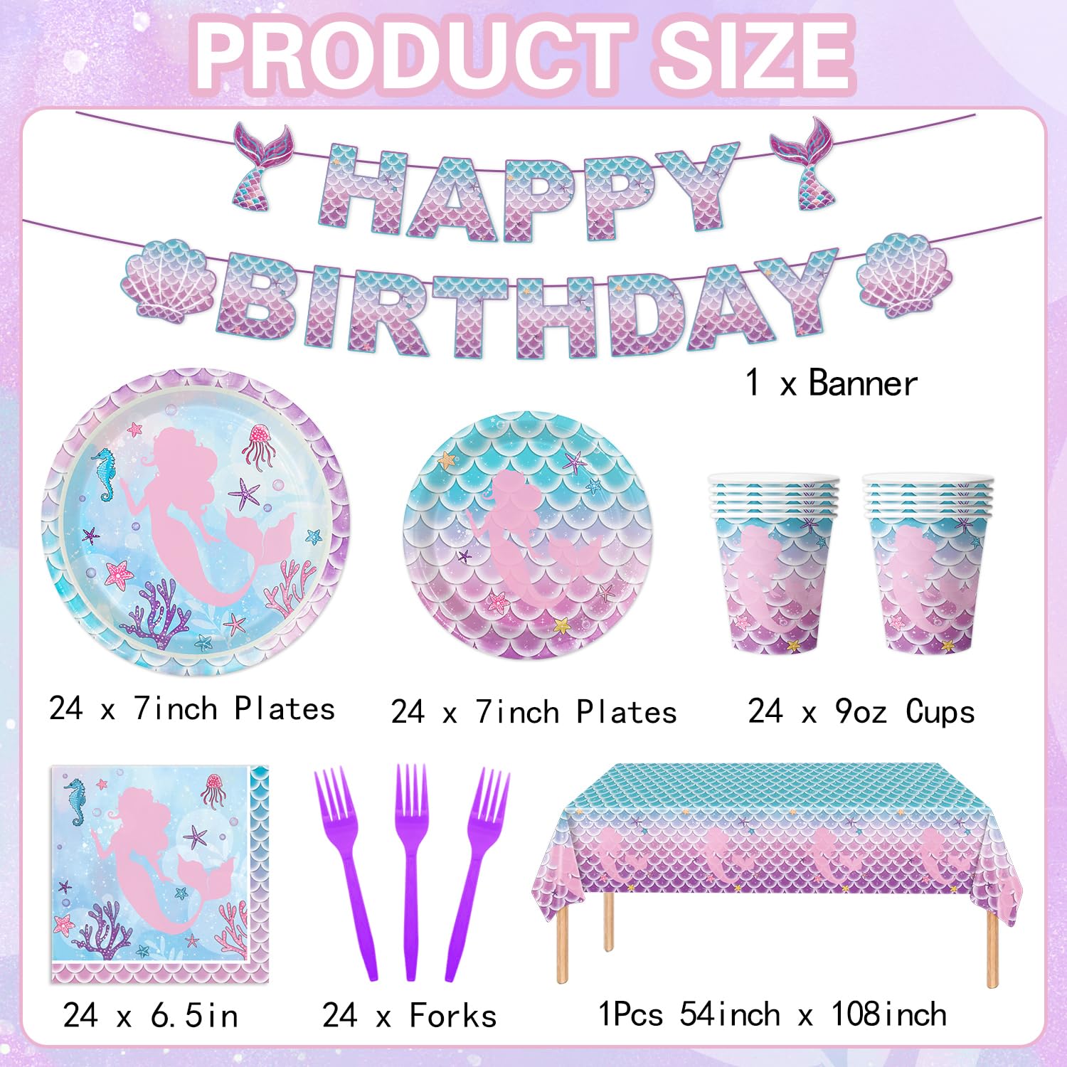 122Pcs Mermaid Birthday Party Supplies Mermaid Party Decorations Set Includes Plates, Napkins, Forks, Cups, Tablecloth, Banner for Girls Baby Shower Ocean Party Supplies, Serves 24