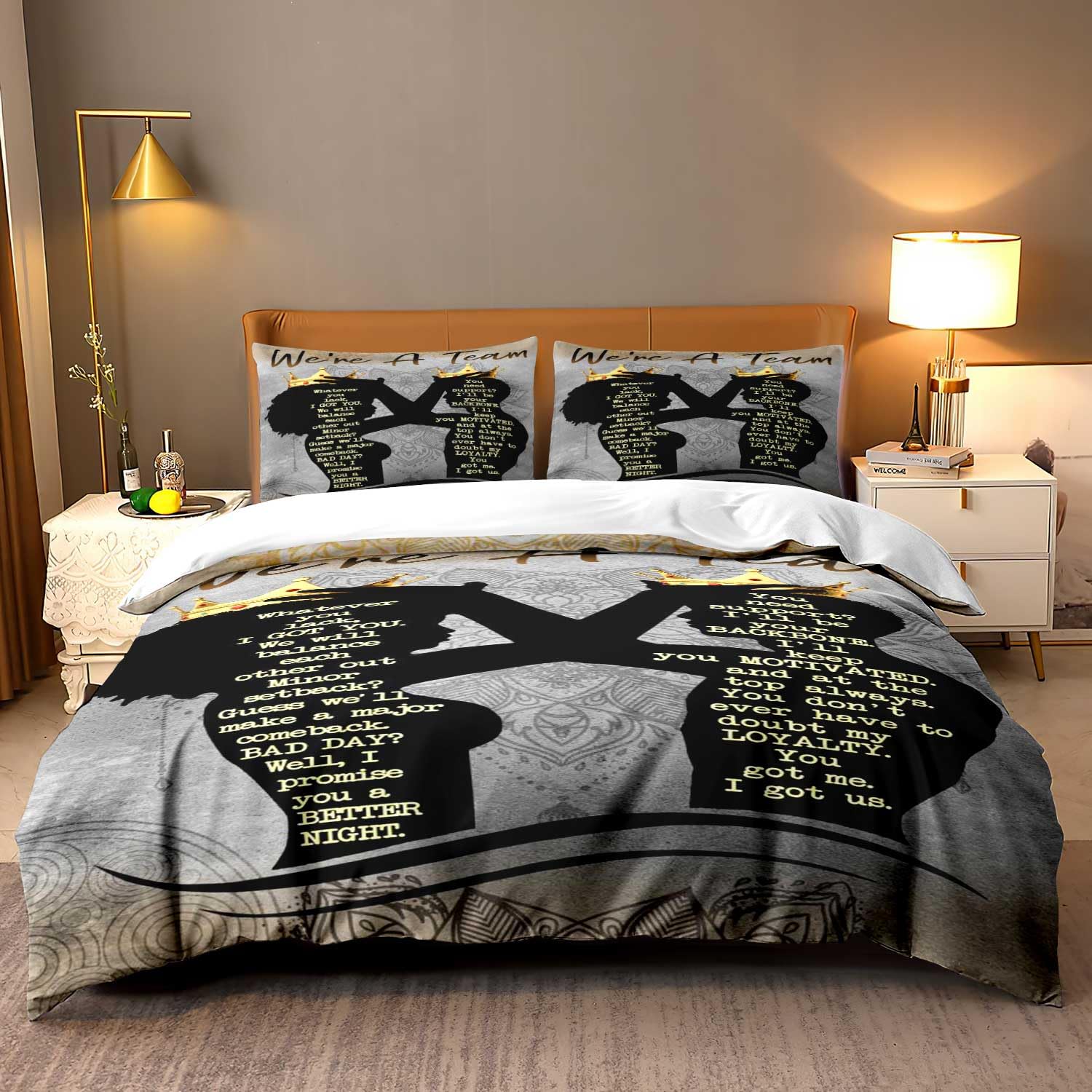 LUVIVIHOME 3PCS African American Bedding Set, Black Girl Duvet Cover Queen, Afro King Melanin Queen Comforter Quilt Cover, Bedroom Decor for Couples Gifts, Romantic Gifts, We're A Team, 2 Pillow Cases