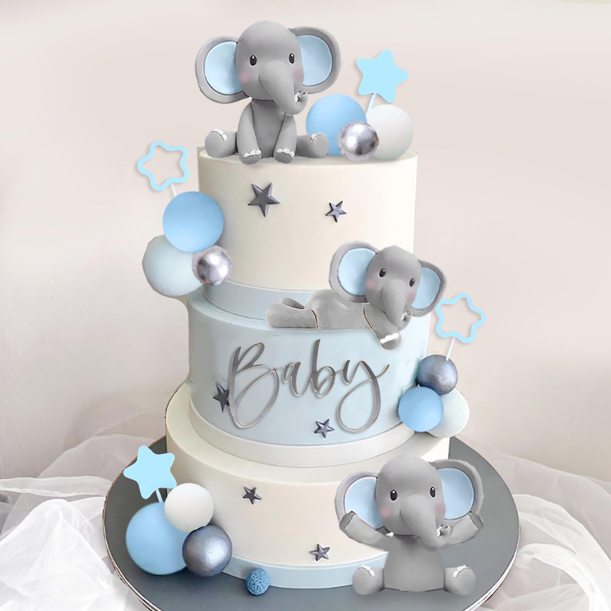 32 Pcs Elephant Cake Decoration with Mini Elephant Blue White Pearl Balls for Baby Shower Boy Elephant Theme Birthday Party Supplies (BLUE)