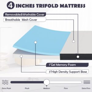 Memory Foam Folding Mattress Full, 4 Inch Trifold Mattress Floor Mattress Foldable with Washable Cover, Portable Mattress for Travel Camping RV(Full)