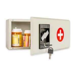 medicine lock box for medication lock box with key - wall mounted locking first aid medicine cabinet, secured prescription storage for peace of mind around kids at home, school (white)