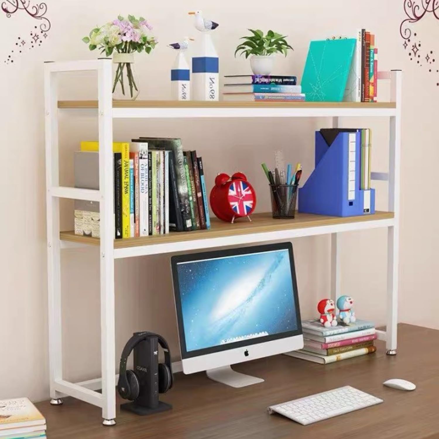 uyoyous Computer Desktop Bookshelf 2-Tier Multipurpose Wood Desk Hutch Bookcase for Computer Desk with Adjustable Shelf Display Rack Organizer, White