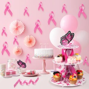 Cholemy Breast Cancer Awareness Party Decoration 3 Tier Round Cardboard Cupcake Stand Pink Ribbon Dessert Cupcake Decoration Cancer Awareness Serving Tray for Women Breast Cancer Survivors Gift