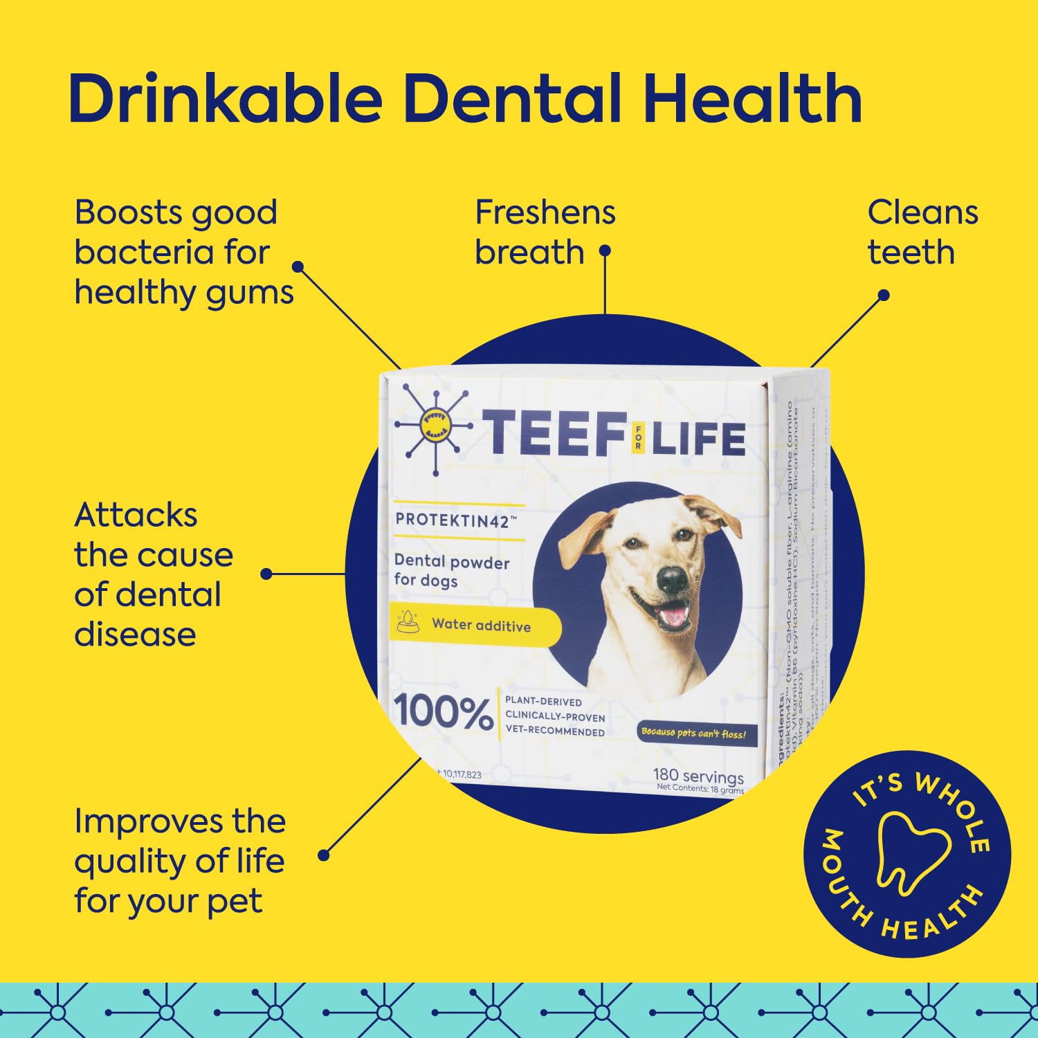 TEEF! for Life Protektin42 Plant-Derived Dental Water Additive for Dogs, Daily Dental Care, Clinically-Proven Formula Naturally Fights Plaque and Tartar, Refill Packet with 30 Servings