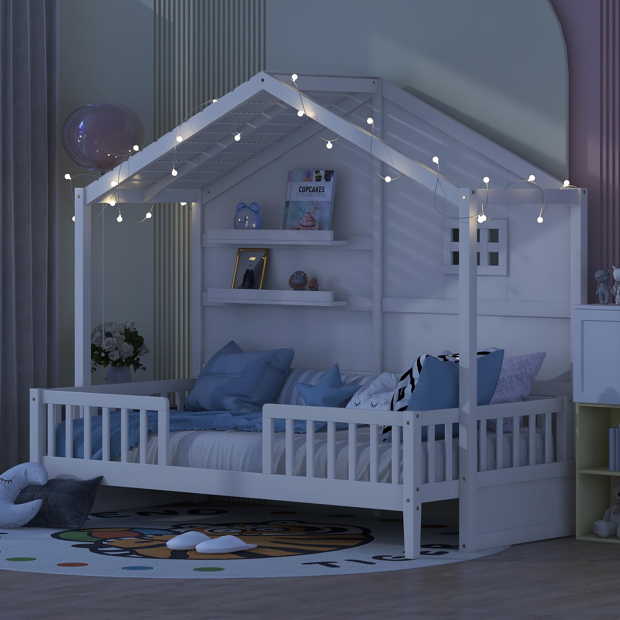 SOFTSEA Twin Size House Bed for Kids, Low Loft Bed with Storage Shelves, Wood Bed Frame with Window and Sparkling Light Stripe on The Roof, Kids Twin Bed Frame, No Box Spring Needed, White