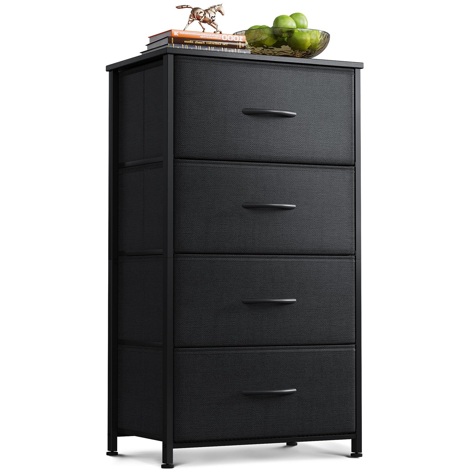 AODK Dresser for Bedroom with 4 Storage Drawers, Small Dresser Chest of Drawers Fabric Dresser with Sturdy Steel Frame, Black