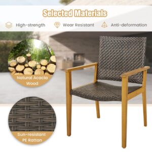 Tangkula Patio Dining Chairs Set of 4, Outdoor Acacia Wood & PE Wicker Chairs with Armrests, Outdoor Rattan Armchairs for Garden, Backyard, Poolside, Balcony (Mix Brown)