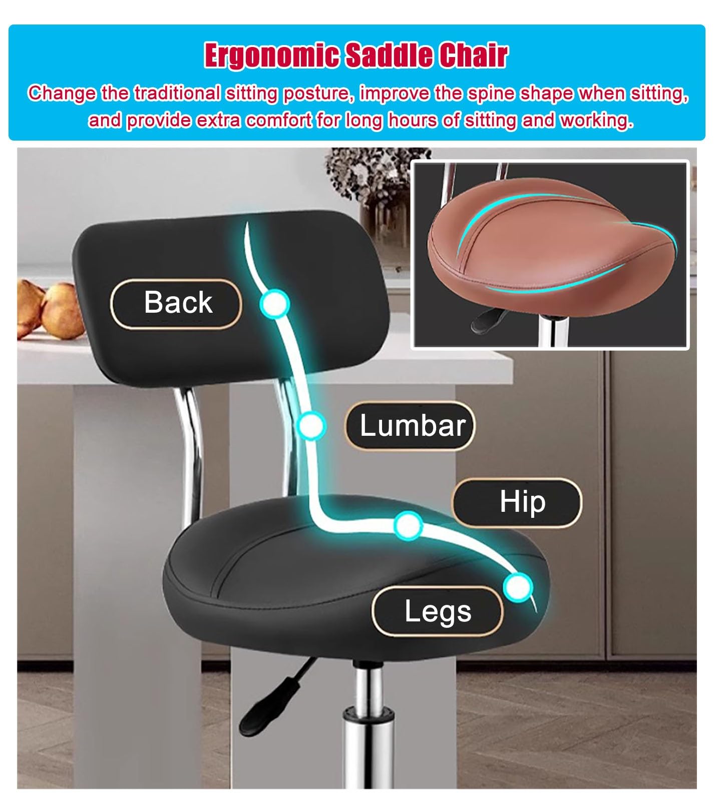 NUNETH Saddle Stool Kitchen Saddle Chair with Footrest Back Support, Ergonomic Office Chair Saddle Salon Chair for Clinical Dentist Clinic, 50-70 Cm (Color : White)