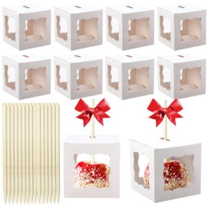 sliner 100 sets 4 x 4 x 4 inch kraft candy apple boxes with holes candy apple sticks caramel apple boxes apple container chocolate apple gift box with clear window for autumn christmas (white)