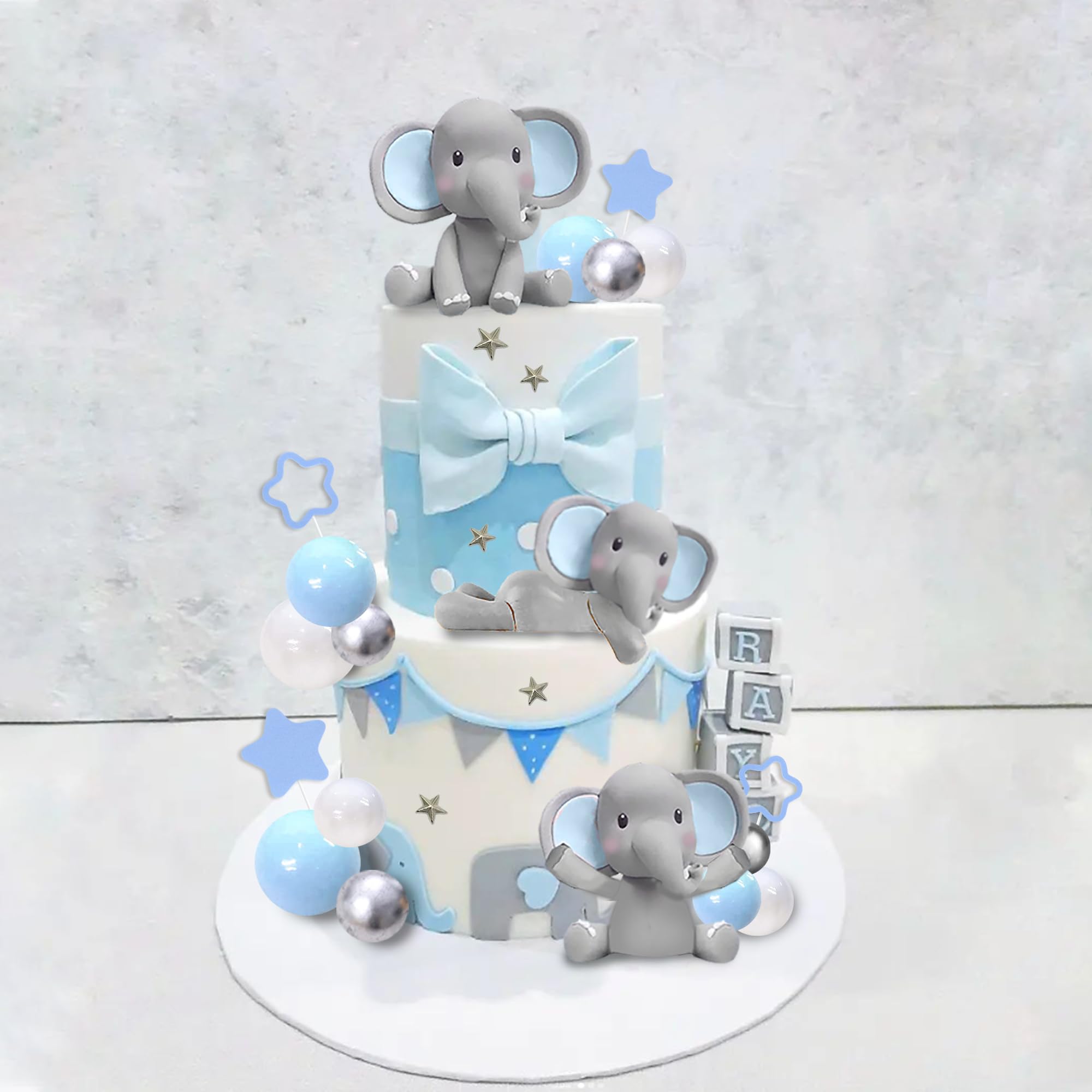 32 Pcs Elephant Cake Decoration with Mini Elephant Blue White Pearl Balls for Baby Shower Boy Elephant Theme Birthday Party Supplies (BLUE)