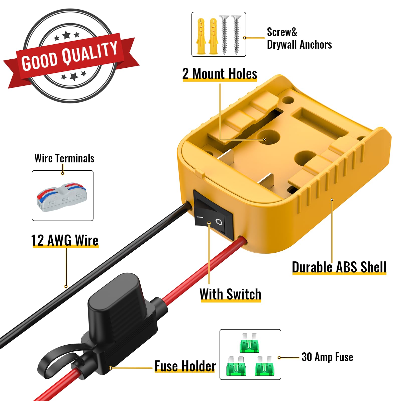 Power Wheel Adapter for Dewalt 20V Battery, Power Wheels Battery Converter Kit with Switch & Fuse & Wire Terminals & 12 AWG Wire for DIY RC Car Toys Robotics