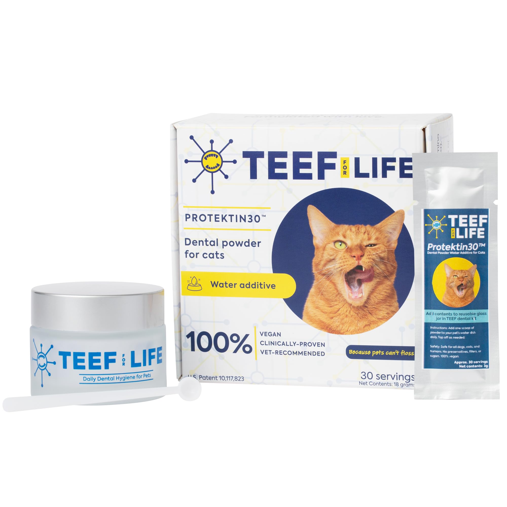 TEEF! for Life Protektin30 Plant-Derived Dental Water Additive for Cats, Daily Dental Care, Clinically-Proven Formula Naturally Fights Plaque and Tartar, Dental Kit with 30 Servings