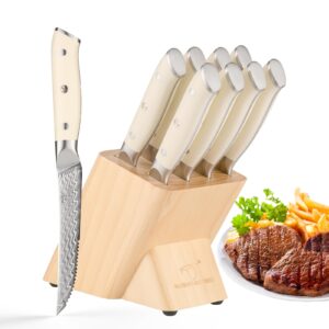 damascus steak knives set of 8, 5 inch serrated steak knife set with block, full tang blade with non-slip abs ergonomic triple rivet handle for gift, natural wooden block