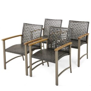 tangkula patio dining chairs set of 4, outdoor pe wicker & heavy-duty metal chairs with acacia wood armrests, outdoor rattan armchairs for garden, backyard, poolside, balcony (mix brown)