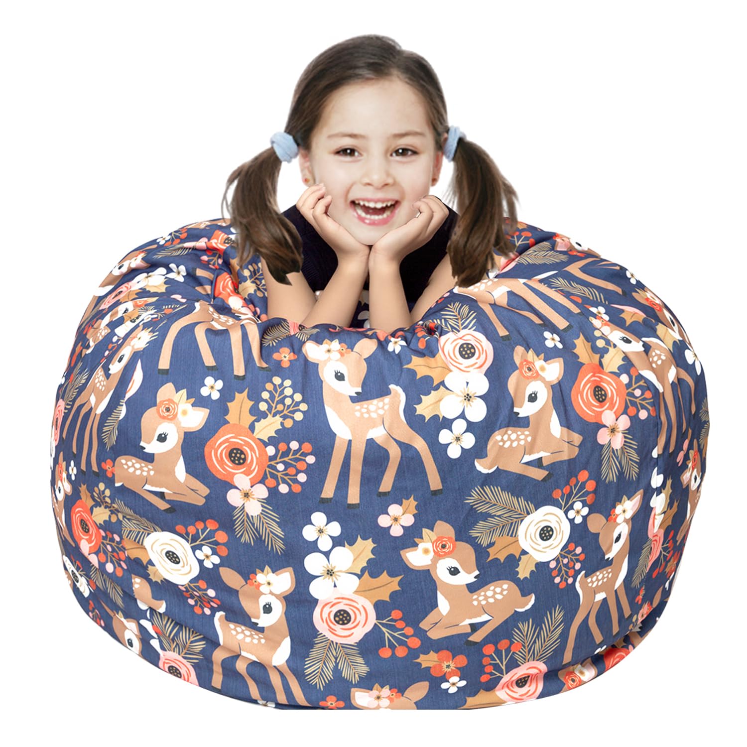 LOLOMLO Stuffed Animal Storage Bean Bag Chair Cover, Hold Kids Plush Toys Blankets Towels Beanbag (Cover Only), Canvas Floor Circle Stuff Sit Seat Sofa with YKK Zipper, Extra Large 38", Fawn