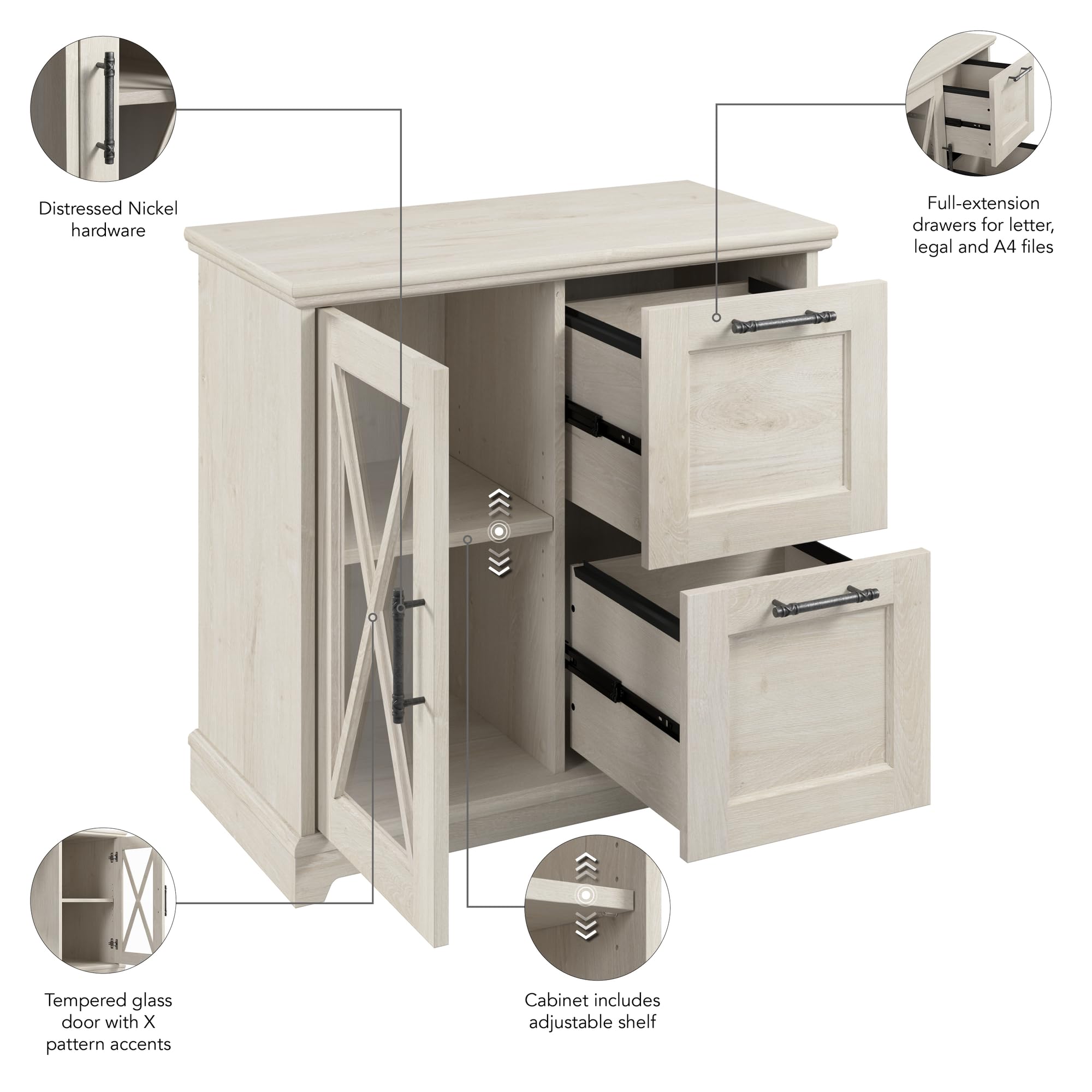 Bush Furniture Lennox Farmhouse 2 Drawer Lateral File Cabinet with Shelves in Linen White Oak | Versatile Storage for Home Office and Living Room