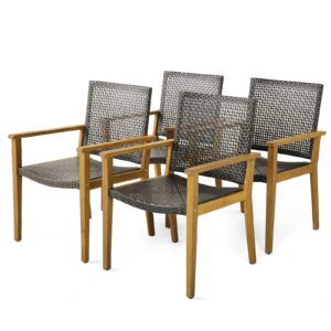 tangkula patio dining chairs set of 4, outdoor acacia wood & pe wicker chairs with armrests, outdoor rattan armchairs for garden, backyard, poolside, balcony (mix brown)