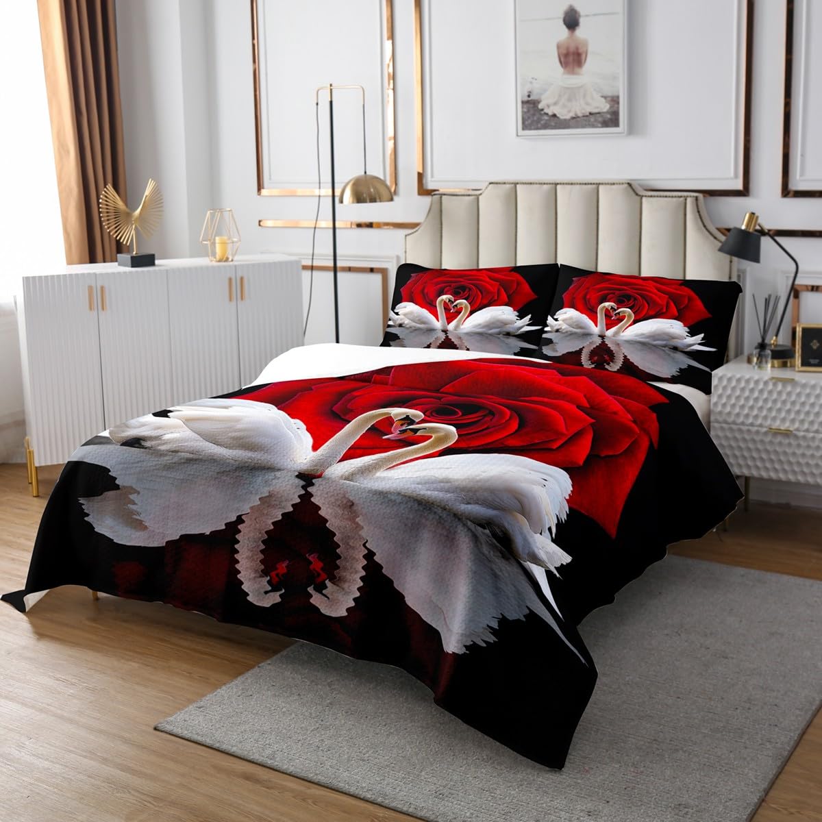 Erosebridal Red Rose Bedspread Set Black and White Swan Quilted Queen Bed Set,Birds Coverlet Set Romantic Flower Quilt Set Wild Animals Bedroom Decor for Girls Woman Lady Wedding Decorations