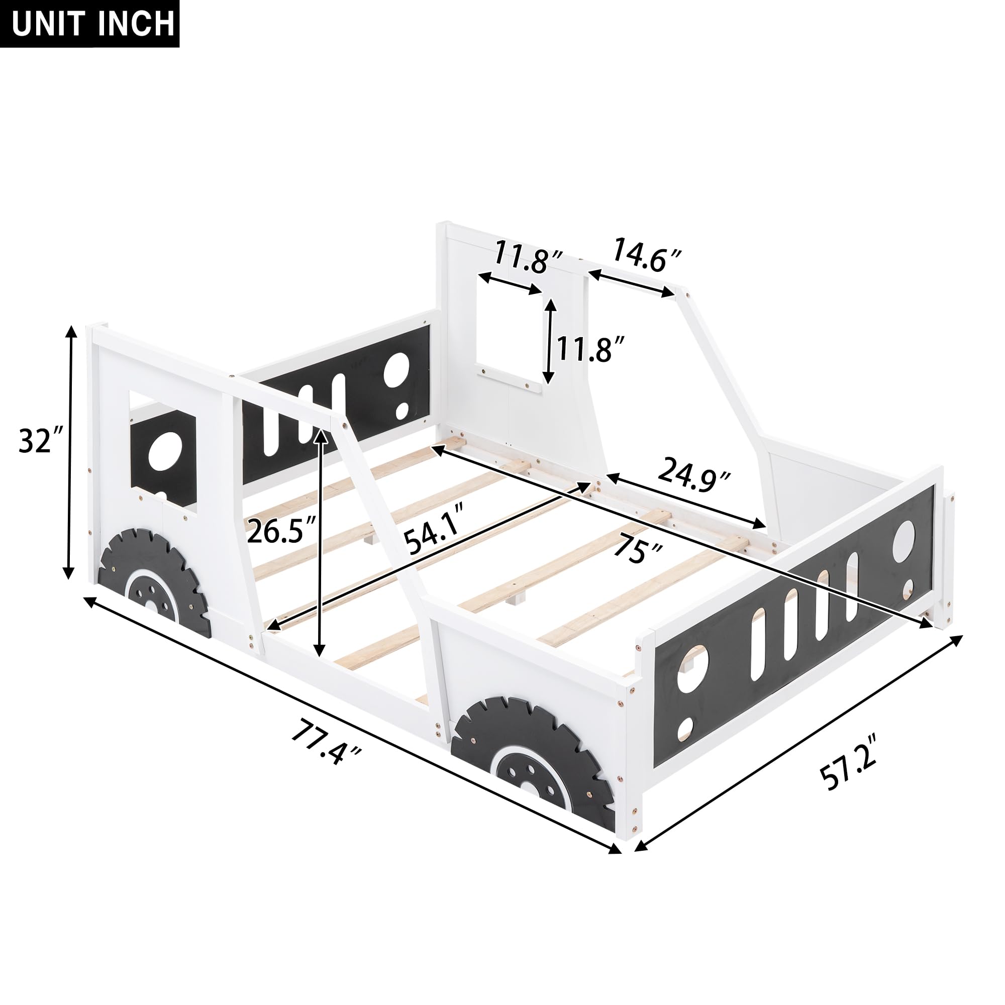 MERITLINE Kids Floor Bed Full Car-Shaped Platform Bed with Wheels, Wooden Full Bed Frames with Doors and Windows, Full Car Bed with Slat Support for Kids Boys Girls, White