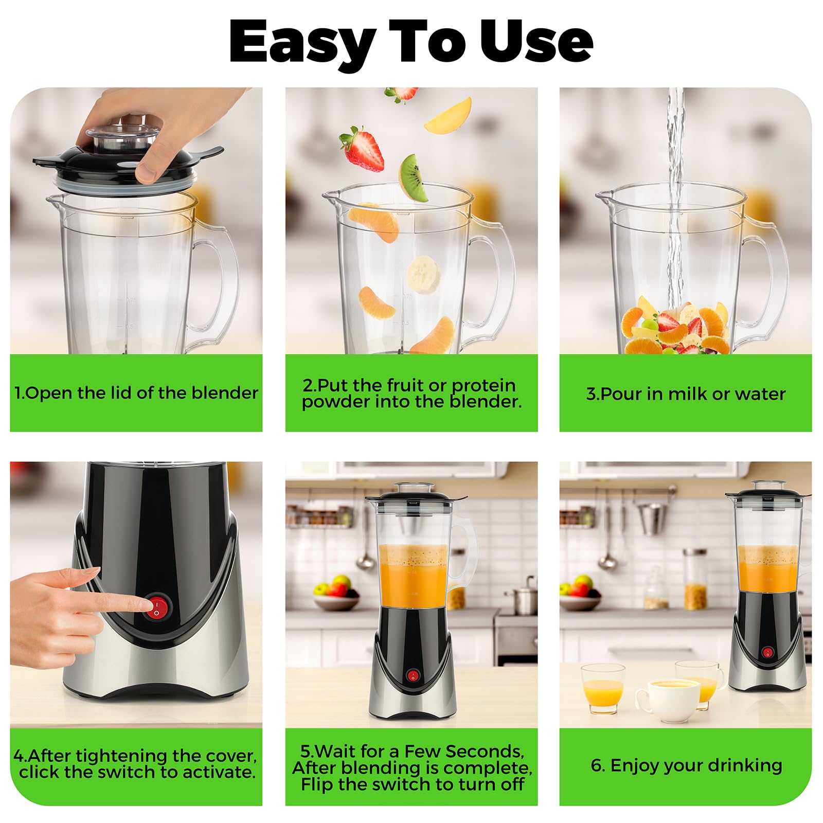 Powerful Blender for shakes and smoothies, 1000ML Large Blender for Home and Kitchen, 400W Smoothie Maker with 4blade, Easy to clean, BPA Free