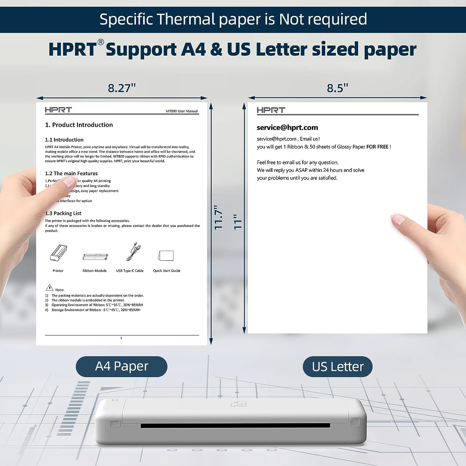 HPRT Wireless Bluetooth Small Printer MT800, Compatible with Andriod& iOS, Laptop, Computers PC,Support 8.5" X 11" US Letter & A4 Size Paper