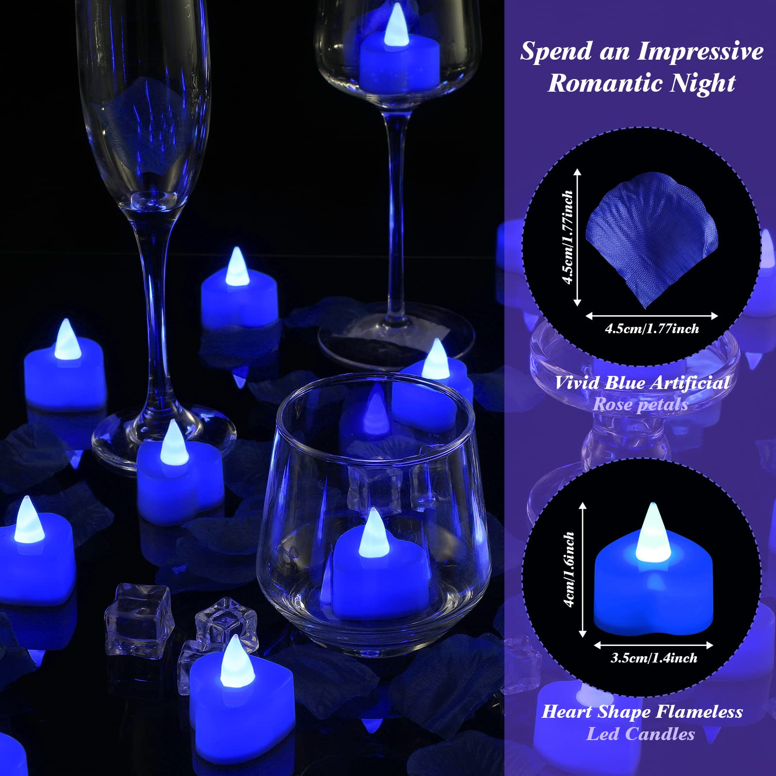 VIHOSE 4000 Pcs Artificial Rose Petals with 24 Pcs LED Tea Lights Candles Flameless LED Candles Fake Rose Petals for Proposal Wedding Birthday Party(Blue Light, Blue Petals)