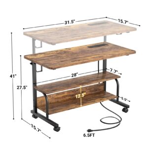 32" Height Adjustable Standing Desk with Power Outlets - Manual Rolling Stand Up Desk with Wheels Small Portable Computer Desk Mobile Laptop Table with Storage Shelves for Home Office, Rustic