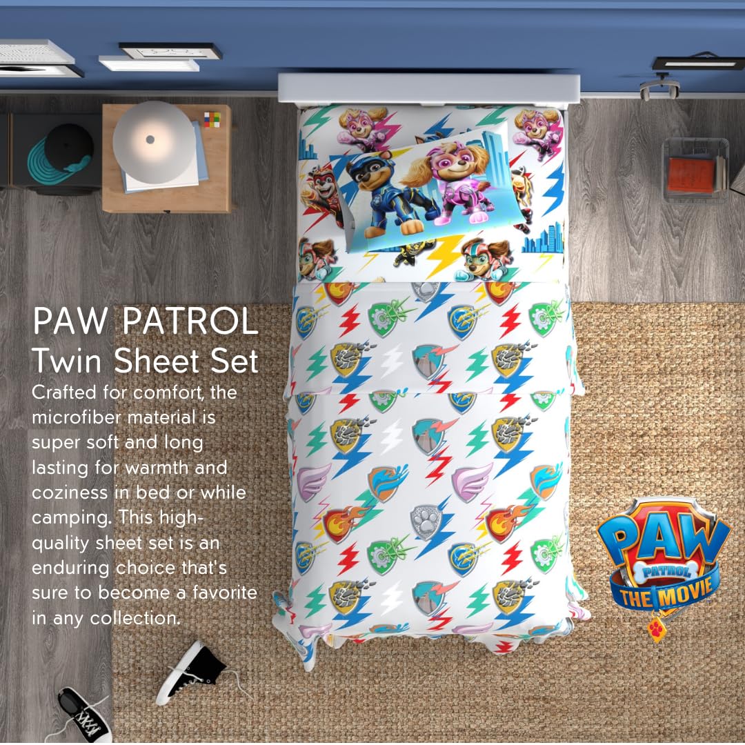 Franco Paw Patrol 2 The Movie Bedding Super Soft Microfiber 3 Piece Twin Size Sheet Set, (Officially Licensed Product)