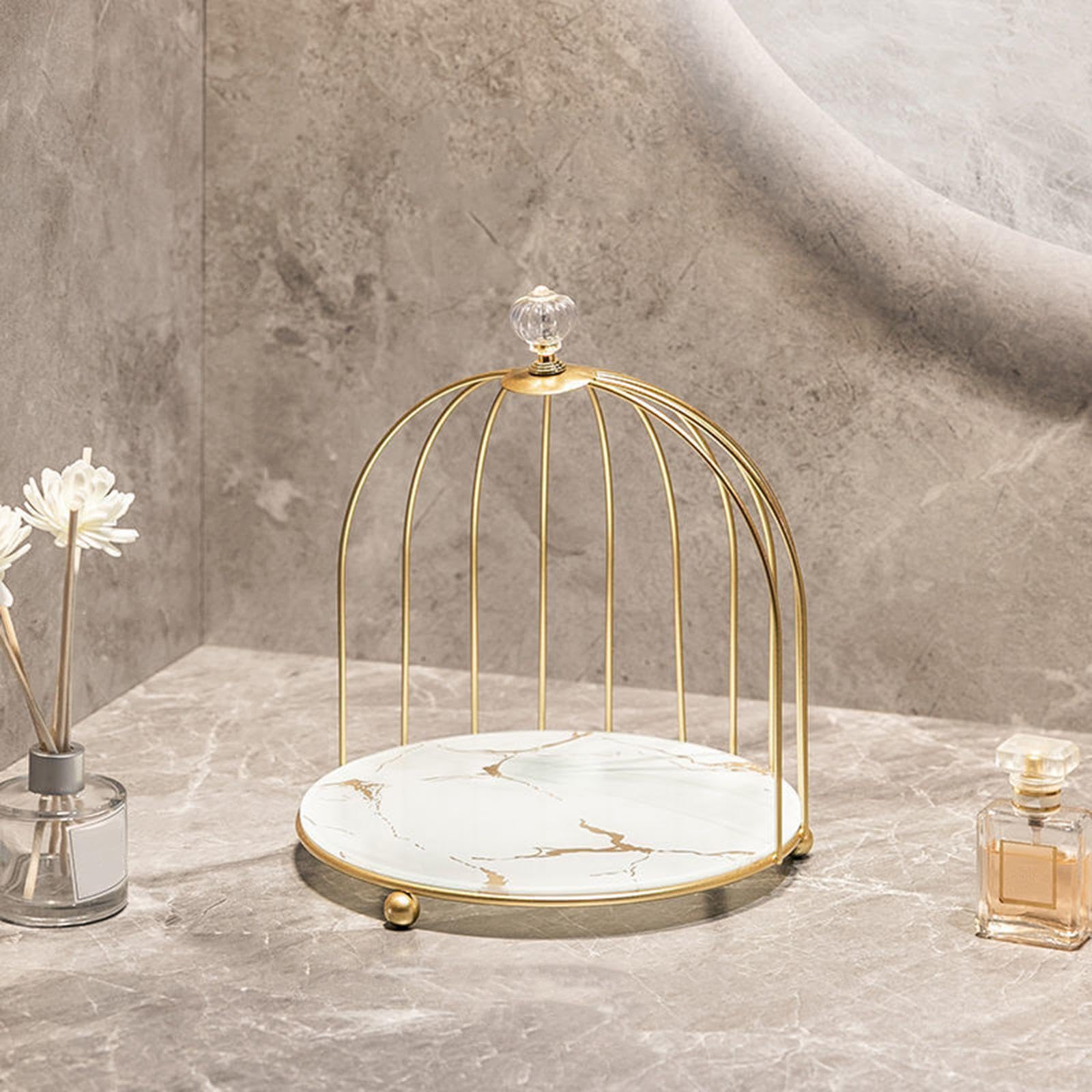 Milageto Cosmetics Iron Storage Rack Birds Cage Dresser Organizer Nordic Jewelry Perfume Lipstick Bathroom Makeup Holder Cake Stand for Bathroom, white gold 1 tier