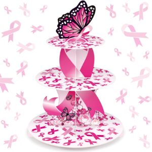 cholemy breast cancer awareness party decoration 3 tier round cardboard cupcake stand pink ribbon dessert cupcake decoration cancer awareness serving tray for women breast cancer survivors gift