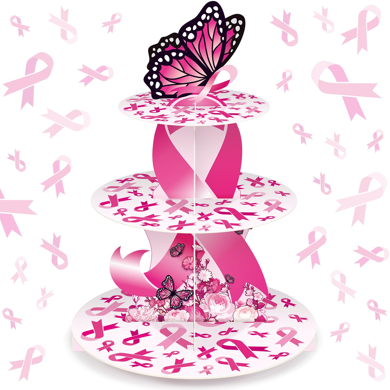 Cholemy Breast Cancer Awareness Party Decoration 3 Tier Round Cardboard Cupcake Stand Pink Ribbon Dessert Cupcake Decoration Cancer Awareness Serving Tray for Women Breast Cancer Survivors Gift