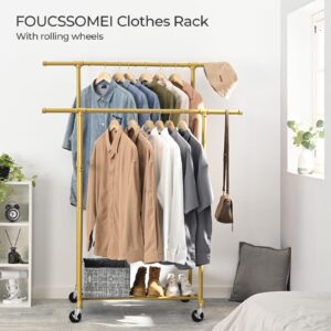 FOUCSSOMEI Heavy Duty Clothes Rack, Rolling Clothes Rack, Clothing Rack with Wheels,Clothing Hanger Organizer, Double Rod, Max 400Lbs, for Closet Bedroom Yard Sale, Commercial Grade, Gold